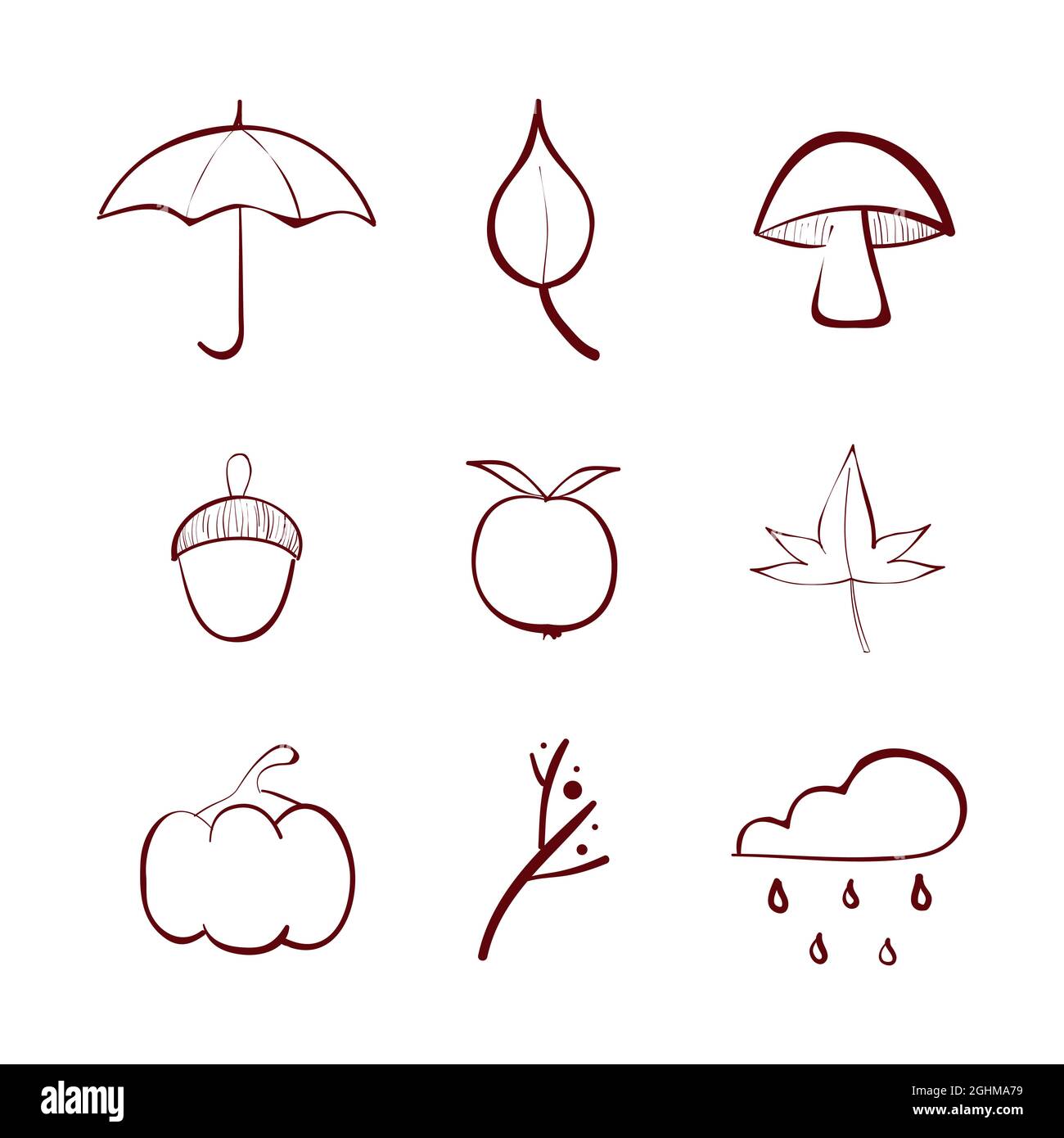 Autumn doodles outline icon set. Brown color. Vector illustration, flat ...