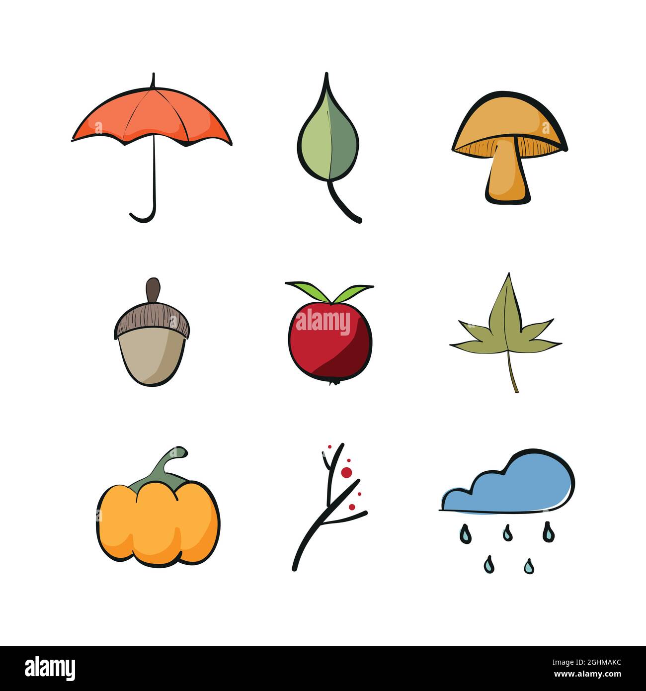 Autumn doodles filled icon set. Fall elements. Vector illustration ...