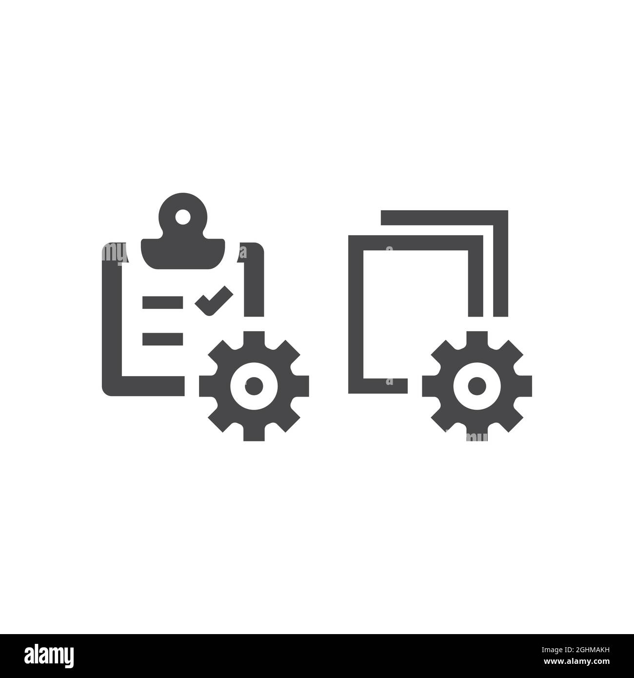 Clipboard and gear black vector icon. Document processing cogwheel ...
