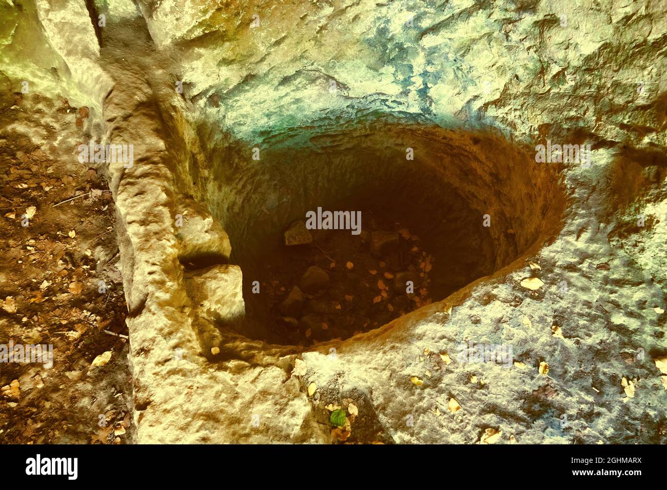Cave-monastery, catacomb, crypt, sepulchre. The entrance to the dungeon ...