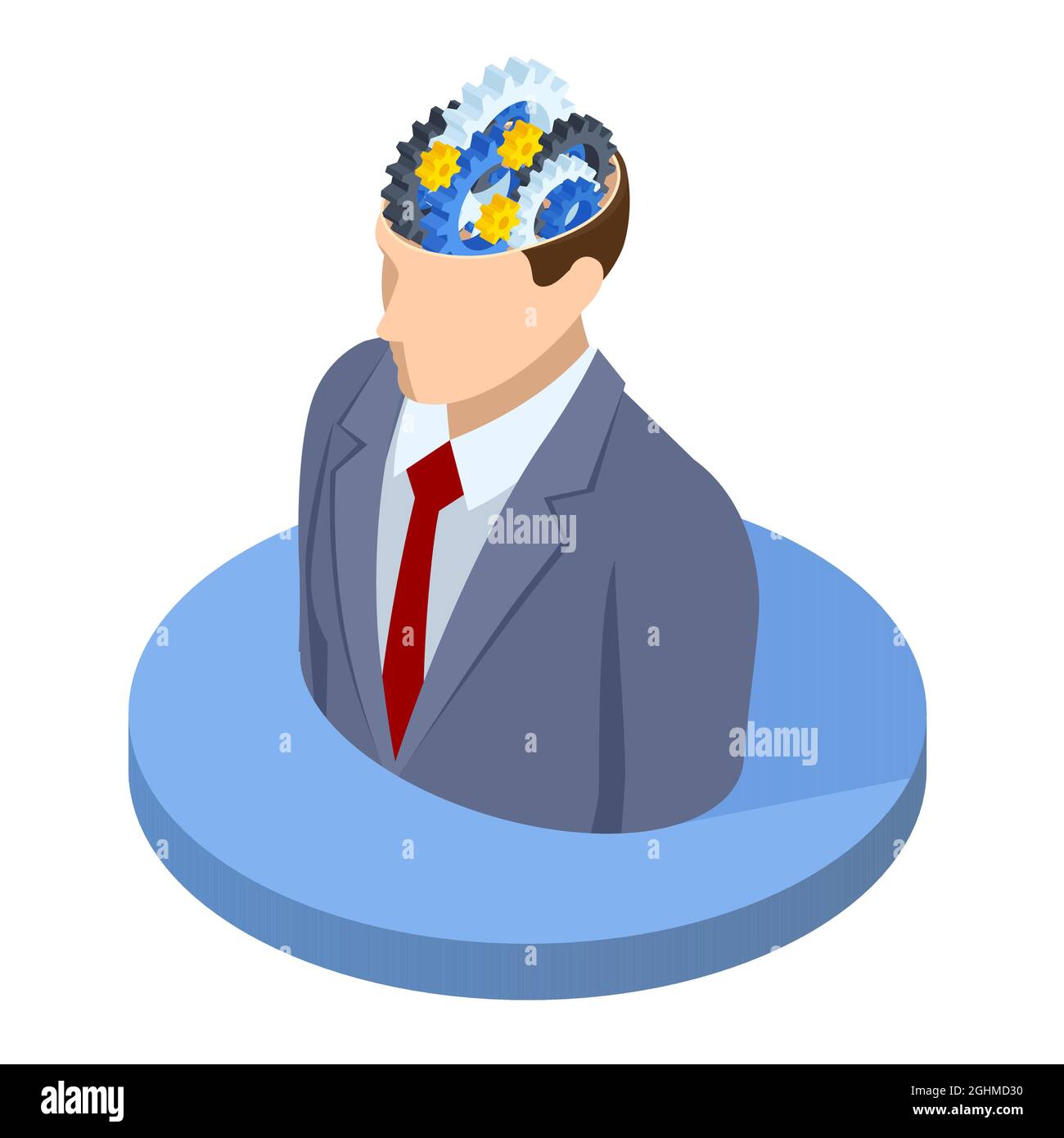 Isometric businessman thinking, head and brain gears in progress ...