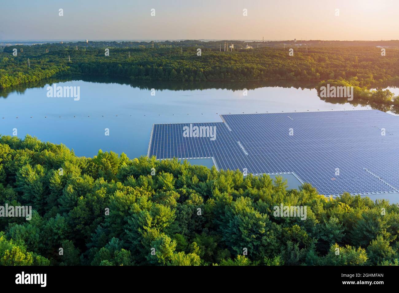 Aerial view of lake in renewable alternative electricity on floating ...