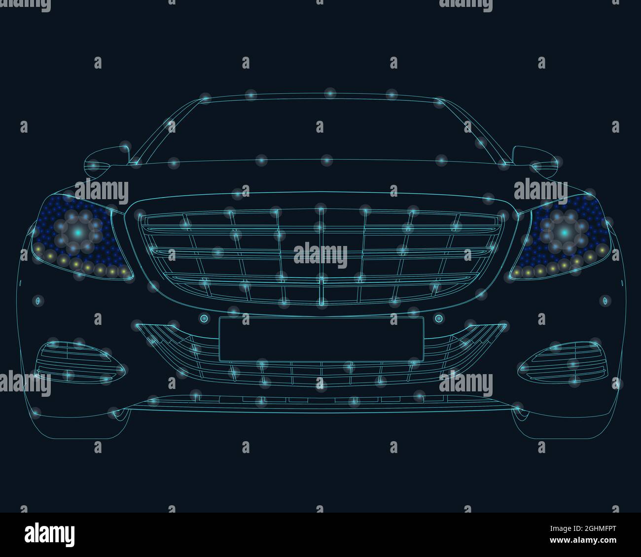A car outline made of blue lines on a dark background with glowing ...