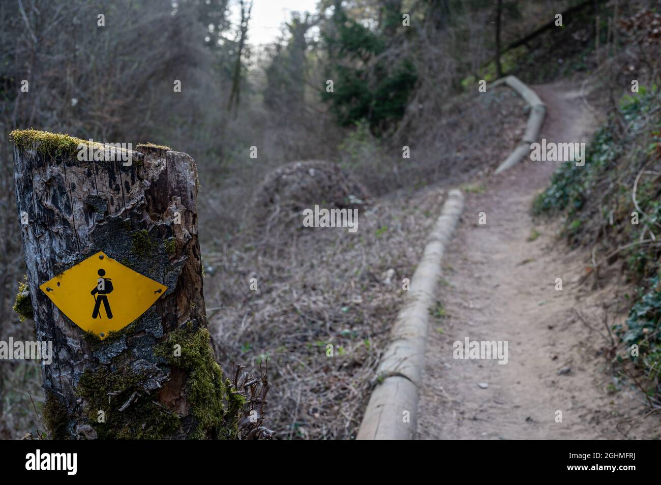 Hiking Trail Sign on wood. Pathway Stock Photo - Alamy