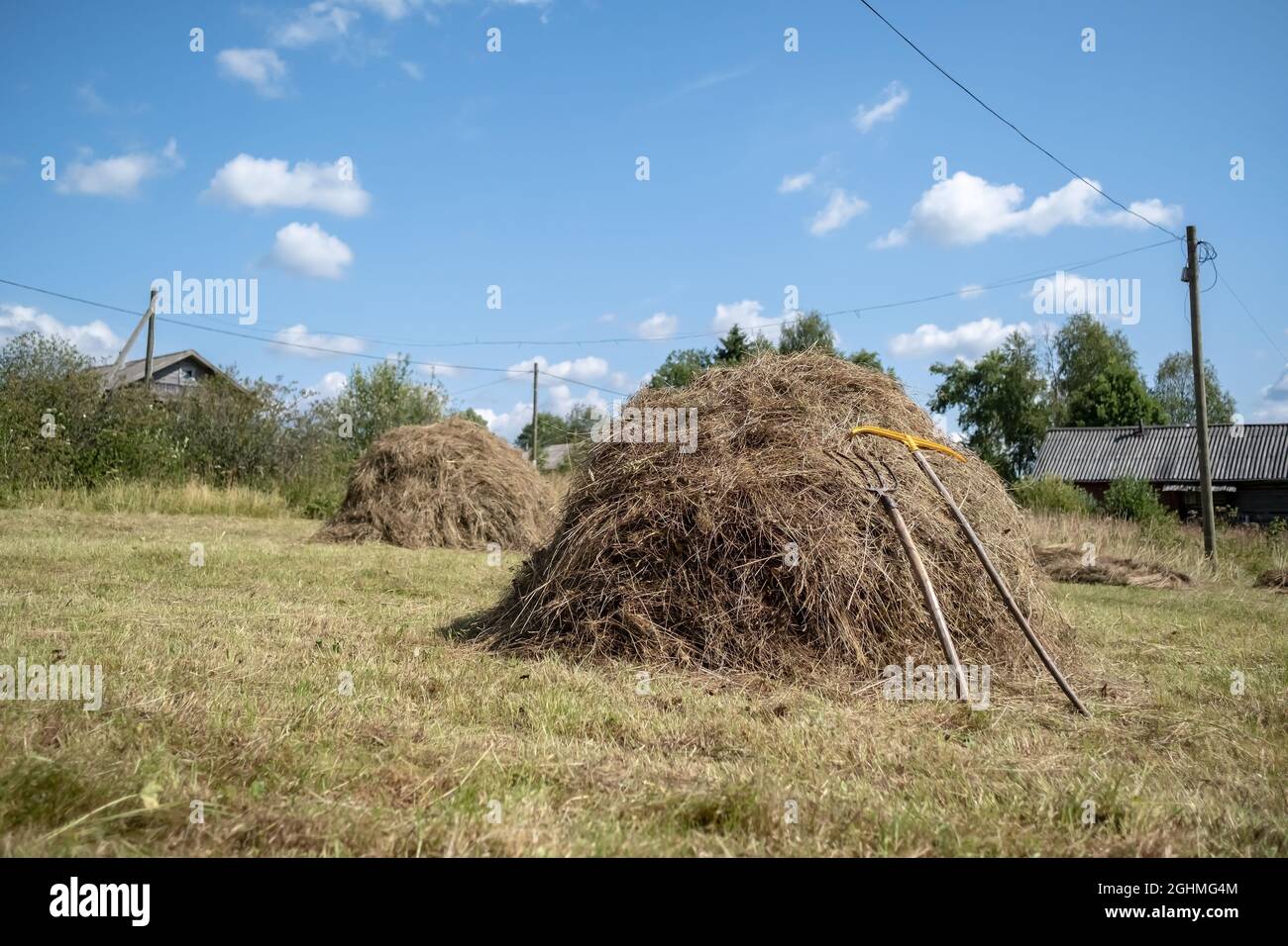 Haystack with a tool for the collection of dry grass, rakes and forks ...