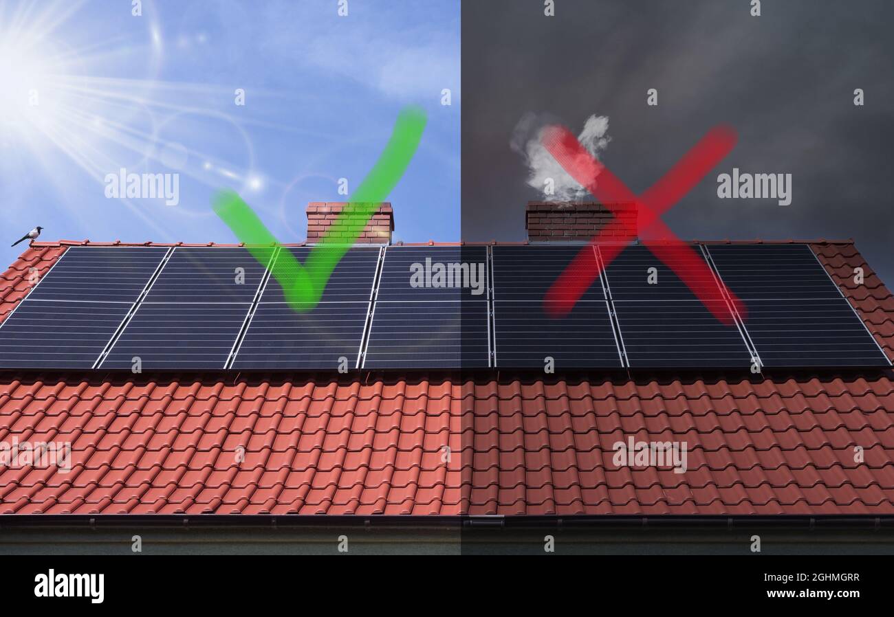 Stop smog and solar panel - concept. Solar panels and a smoking chimney ...