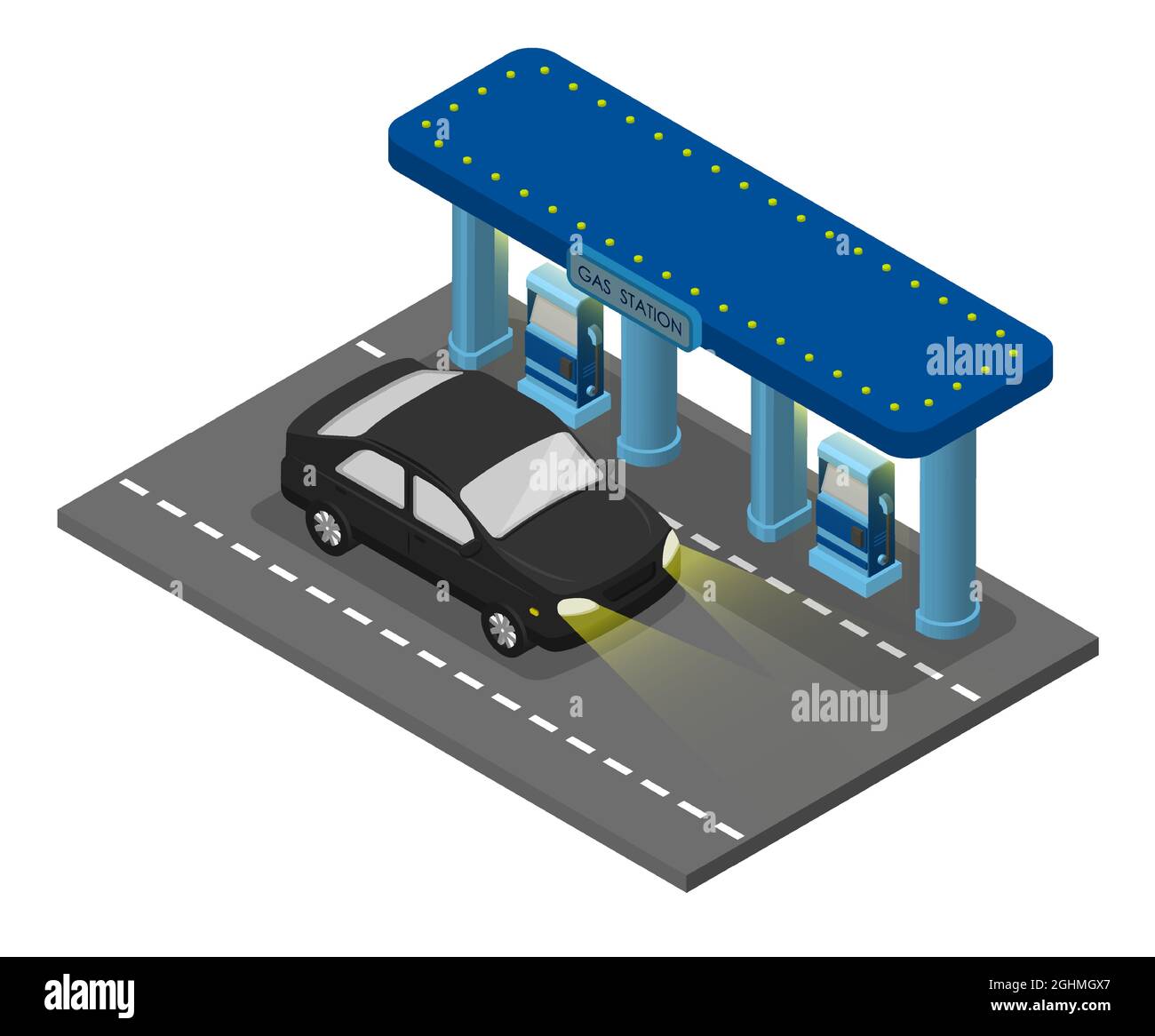 Isometric illustration. Passenger car refueling at gas station. Use of ...