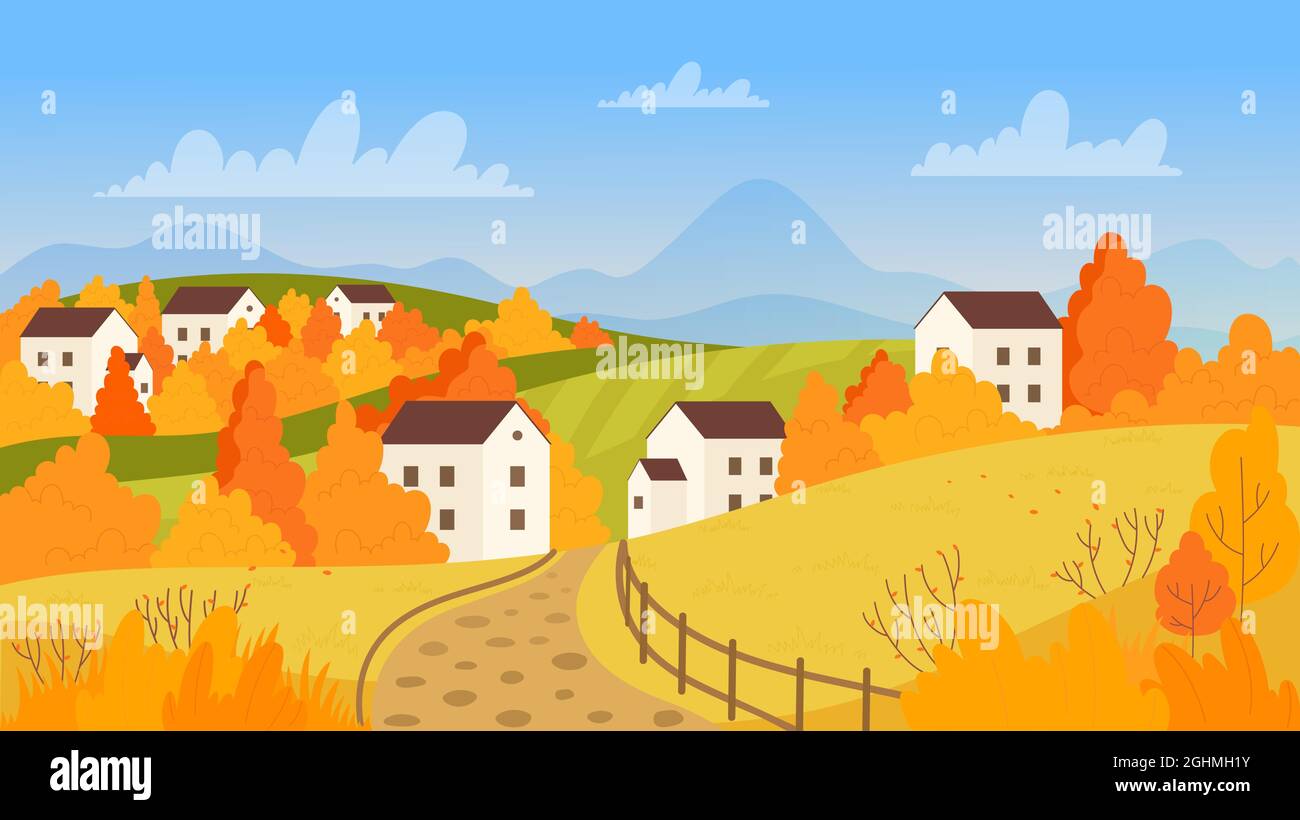 Autumn village in sunny day, road to farm houses vector illustration ...