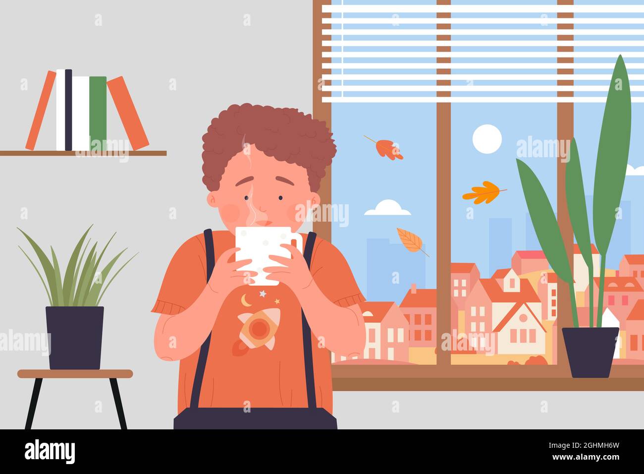 Cozy time at home, kid with tea or chocolate mug vector illustration ...