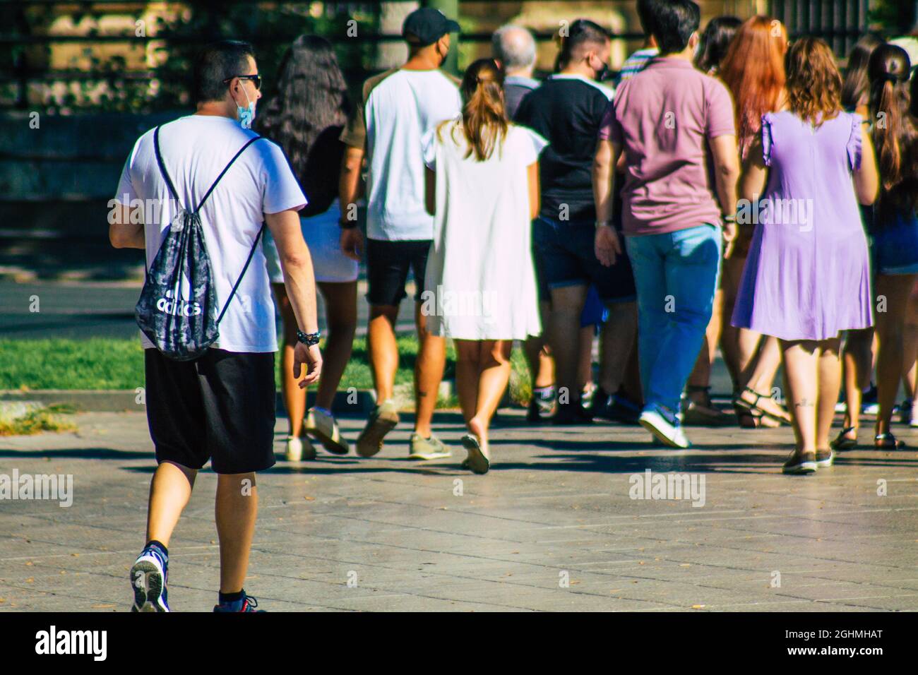 Seville Spain September 04, 2021 Pedestrians walking the street on a ...
