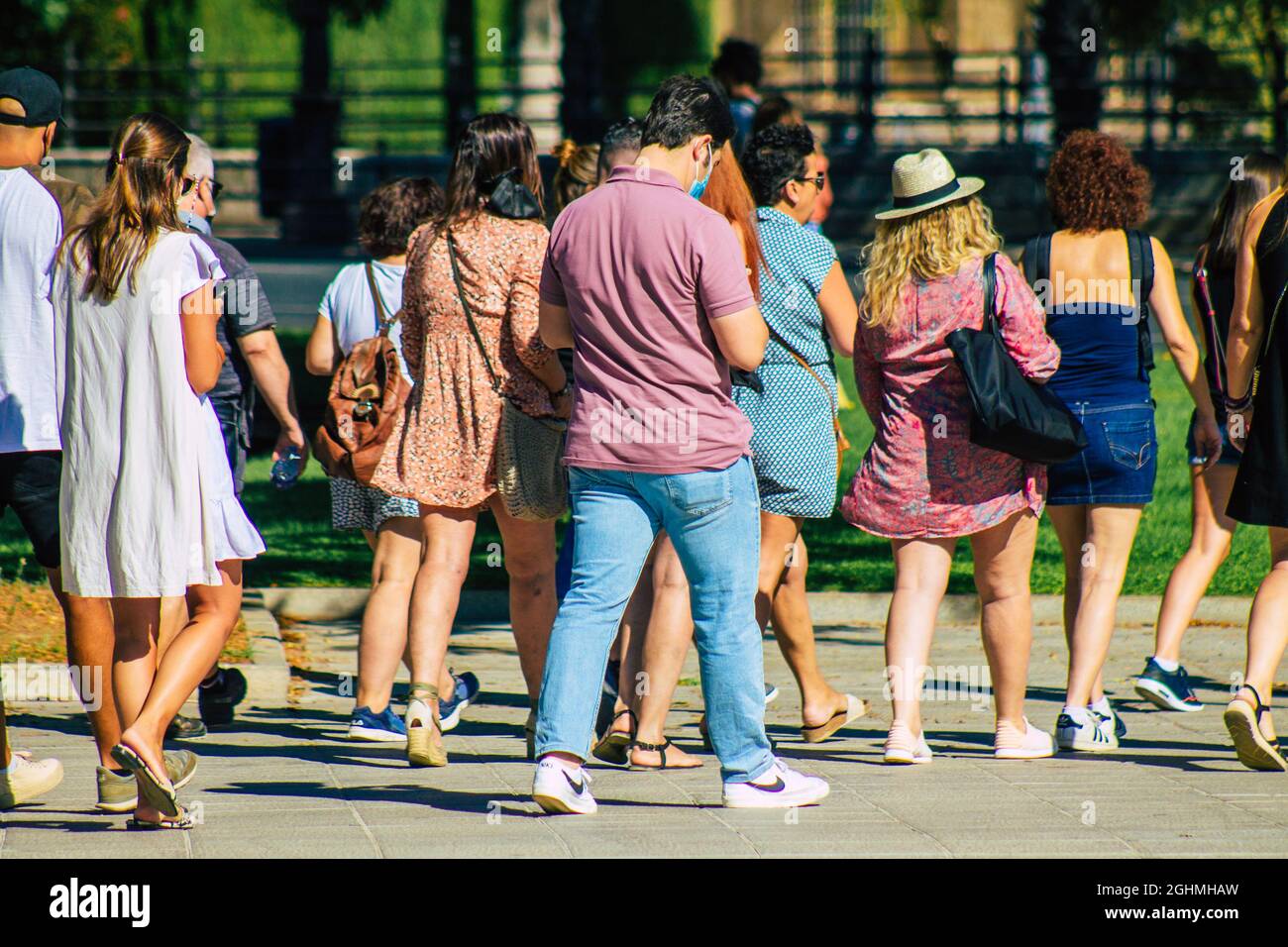 Seville Spain September 04, 2021 Pedestrians walking the street on a ...