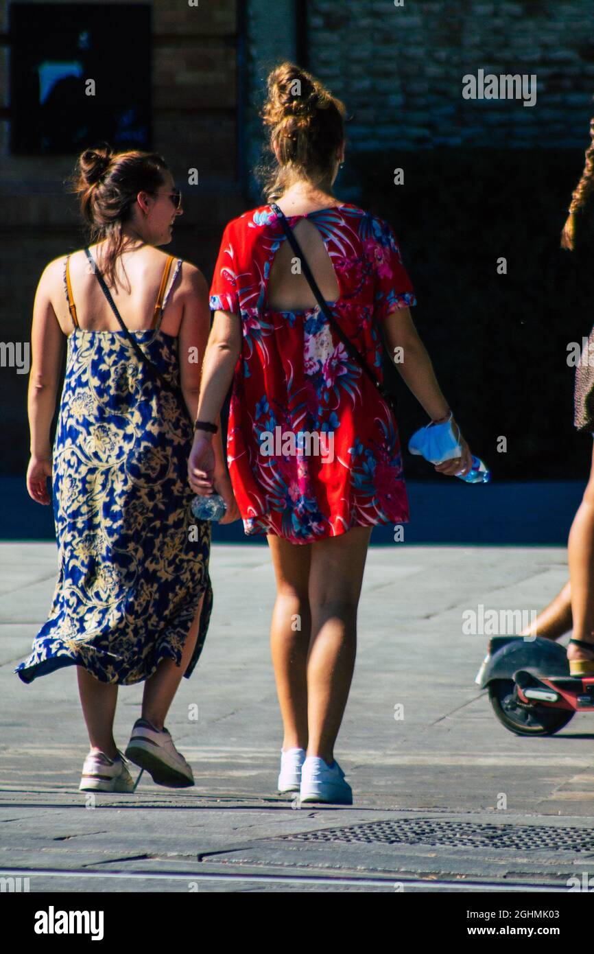 Seville Spain September 04, 2021 Pedestrians walking in the street ...