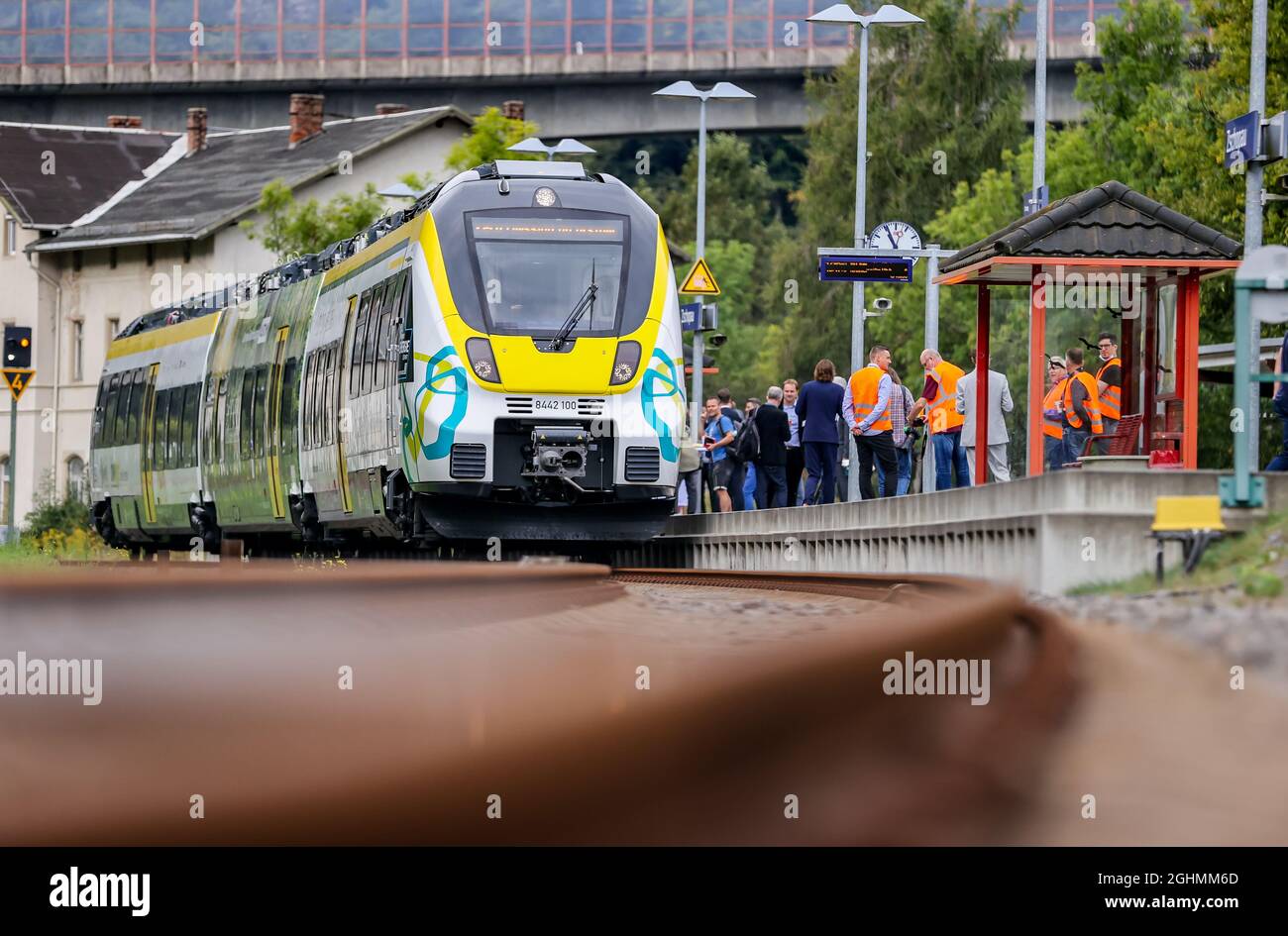 07 September 2021, Saxony, Zschopau: A battery-powered "Talent 3" train ...