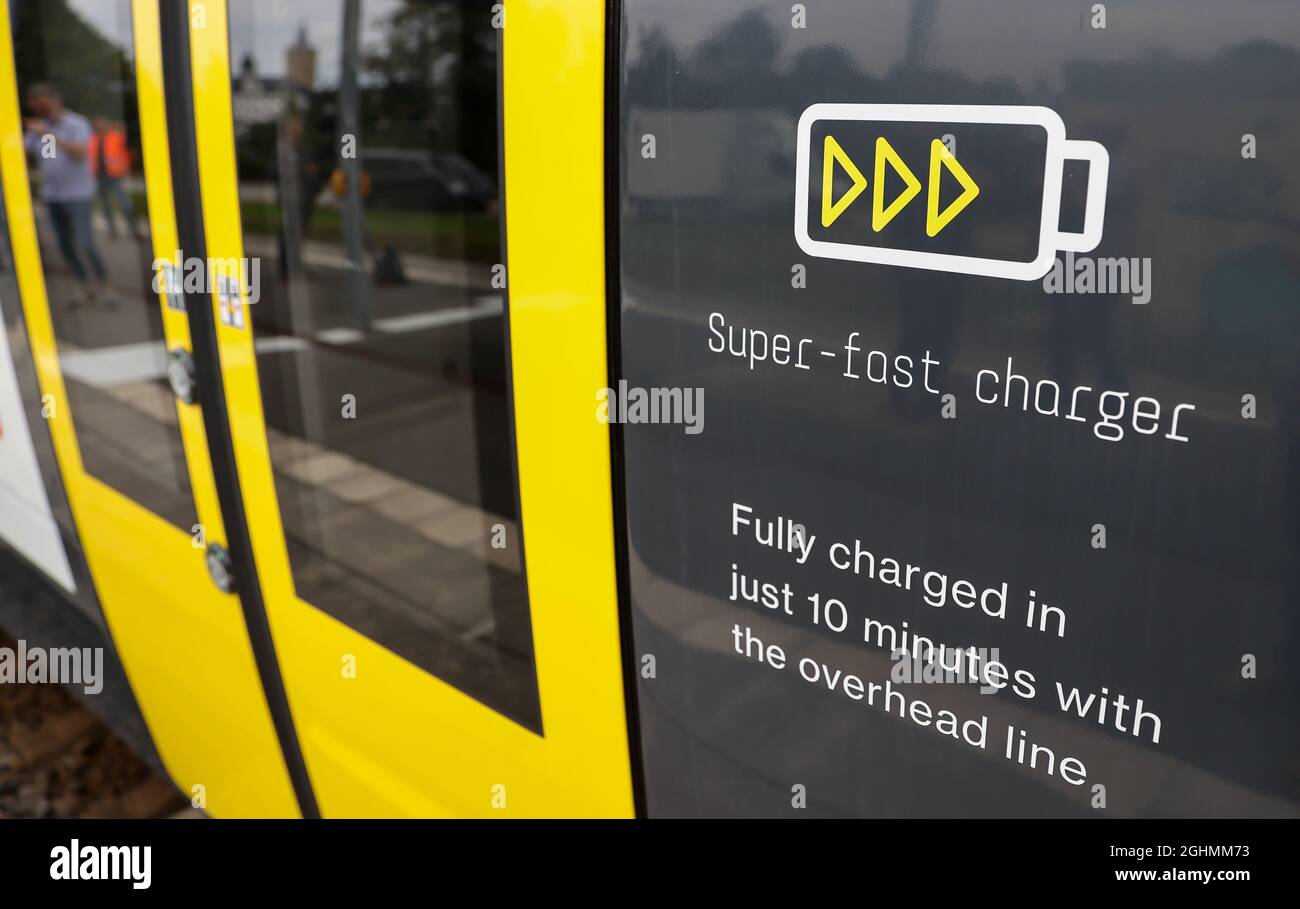 07 September 2021, Saxony, Zschopau: A battery-powered "Talent 3" train ...
