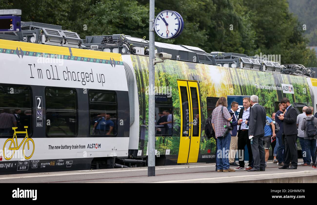 07 September 2021, Saxony, Zschopau: A battery-powered "Talent 3" train ...