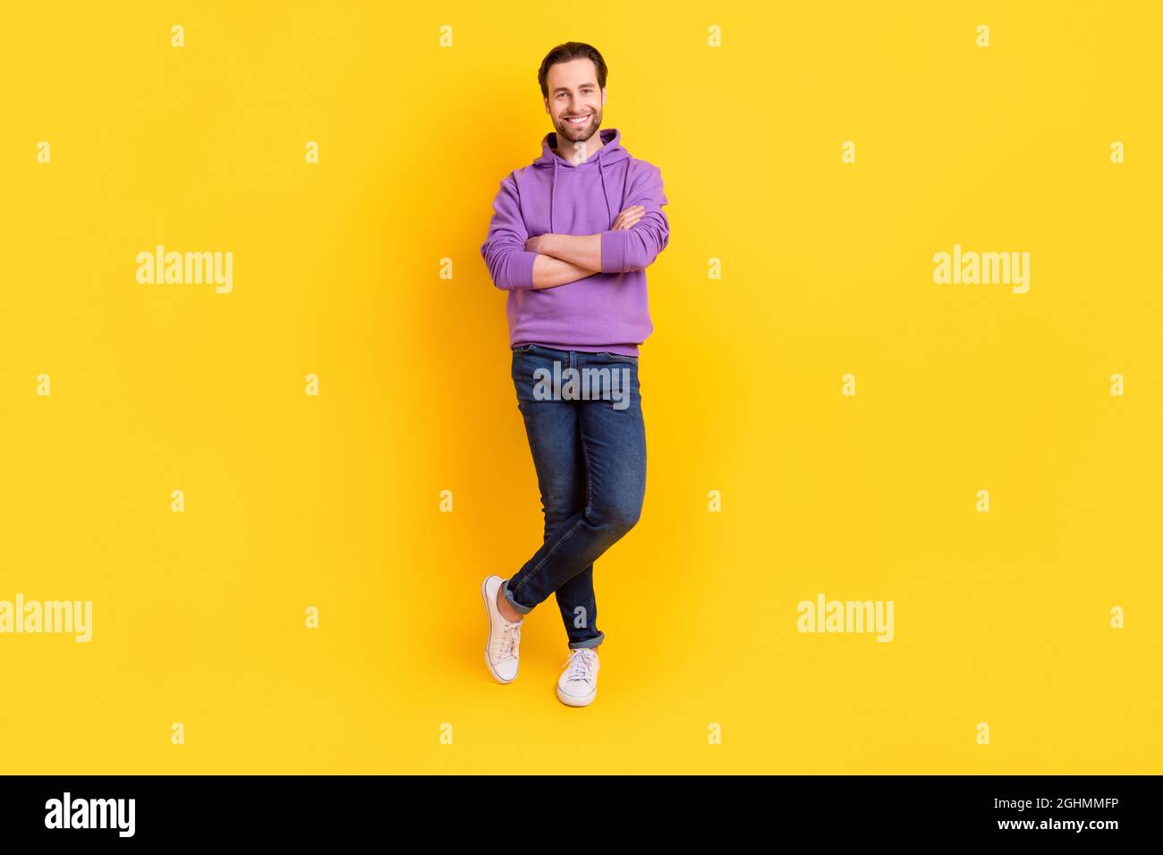 Full body photo of young handsome man happy positive smile folded hands ...