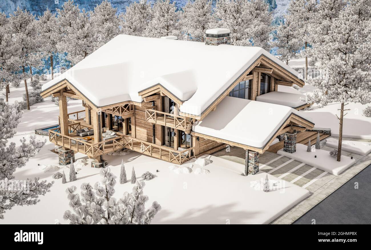 3d rendering of modern cozy chalet with pool and parking for sale or ...