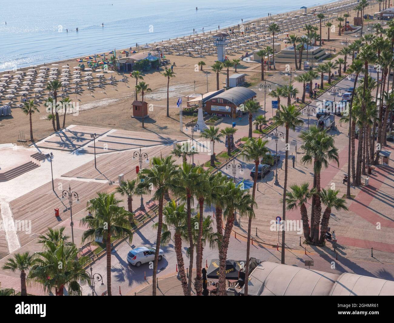 Top view overlooking Finikoudes promenade with palm trees near the ...