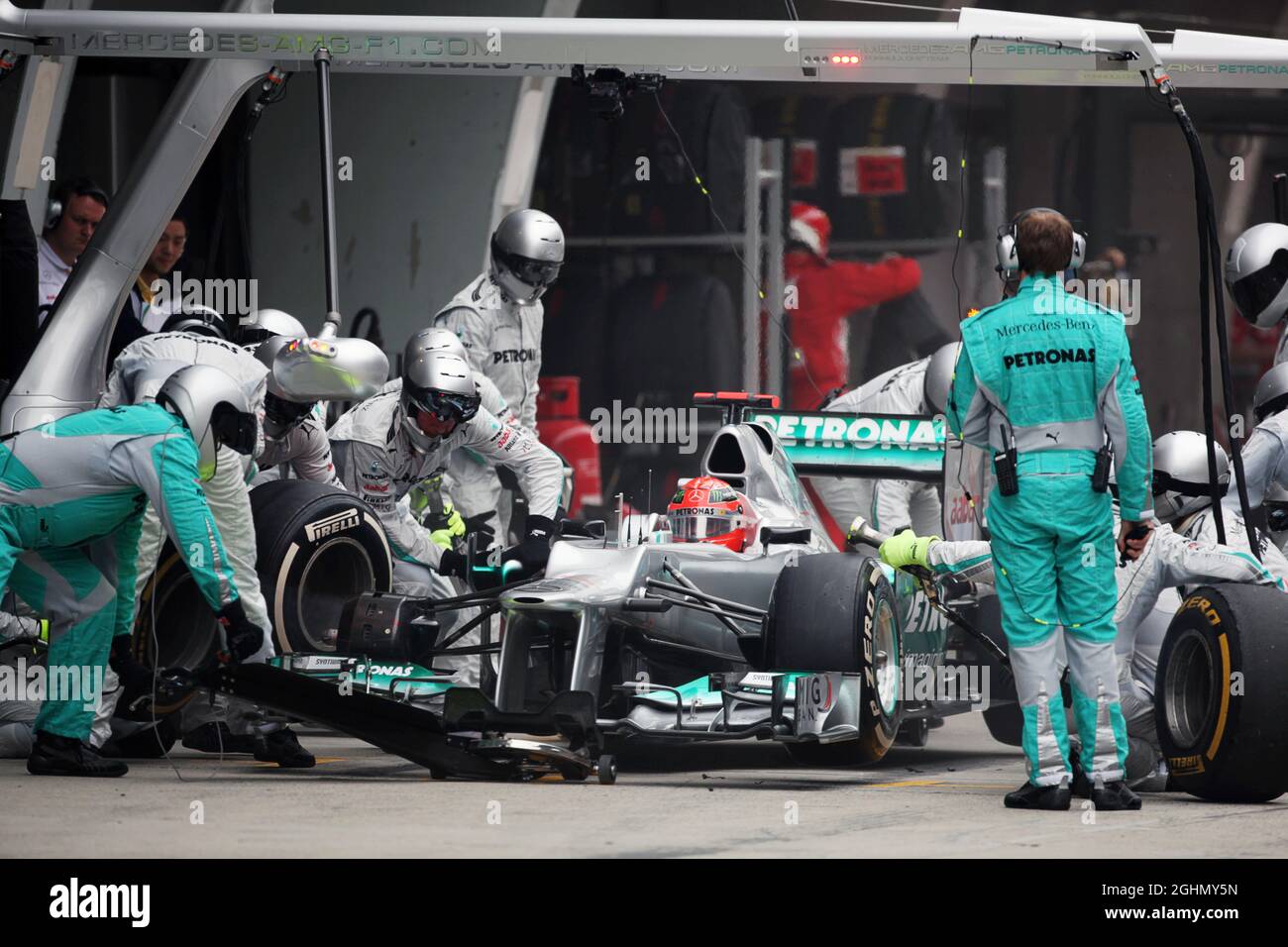 Michael Schumacher (GER) Mercedes AMG F1 W03 makes a pit stop that led ...