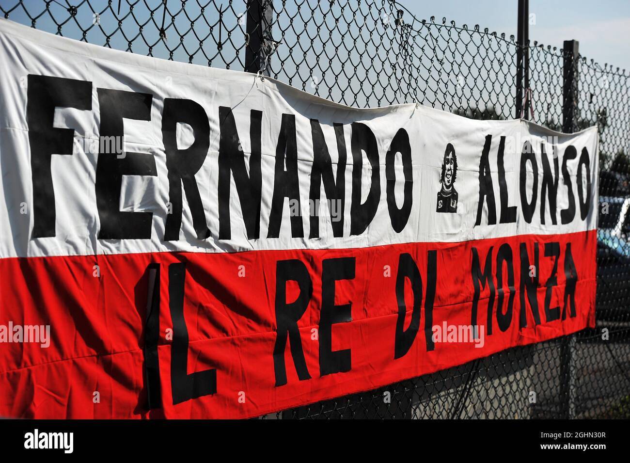 A banner for Fernando Alonso (ESP) Ferrari. 06.09.2012. Formula 1 World ...