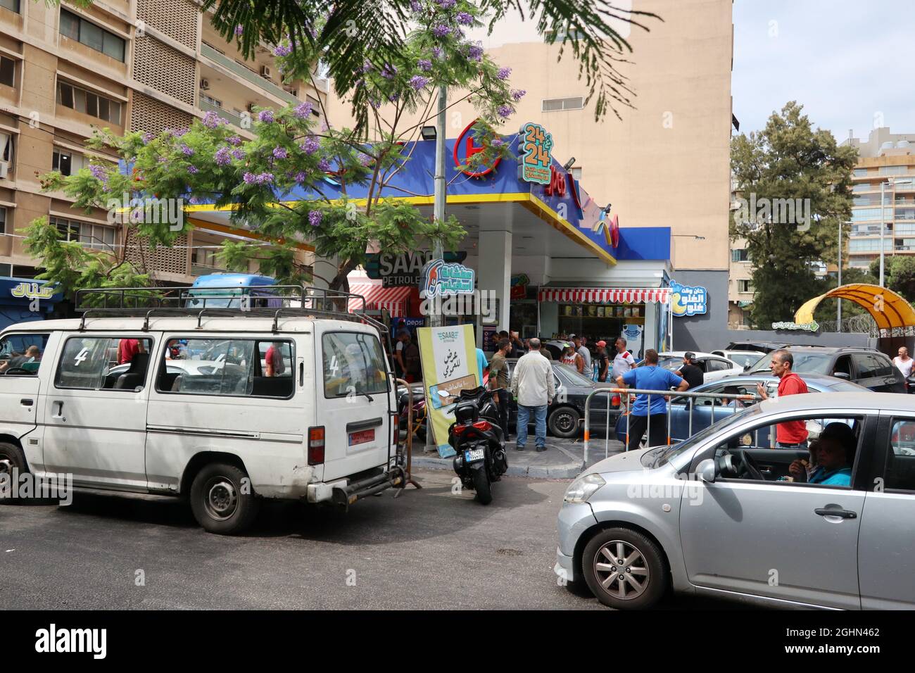 People crowd a fuel station, Beirut, Lebanon, September 6, 2021. Heavy ...
