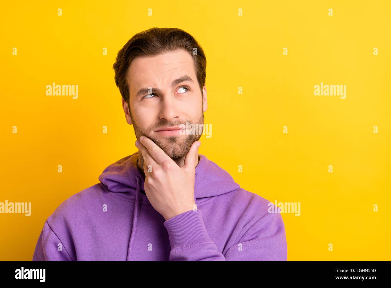 Photo of pensive ponder guy hand chin think look empty space wear ...