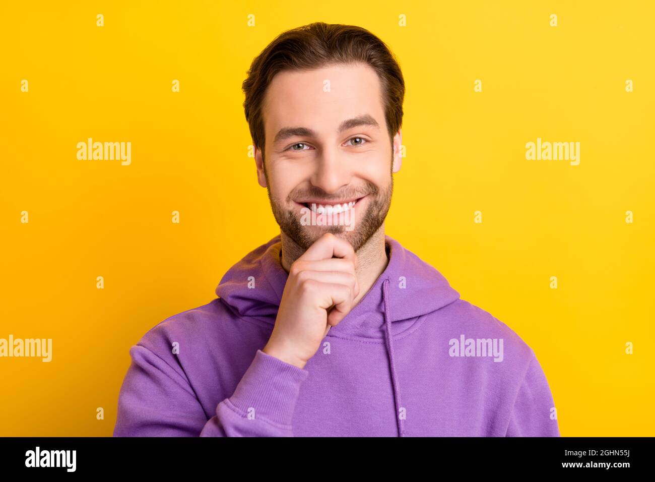 Photo of smart intelligent guy finger chin toothy beaming smile wear ...