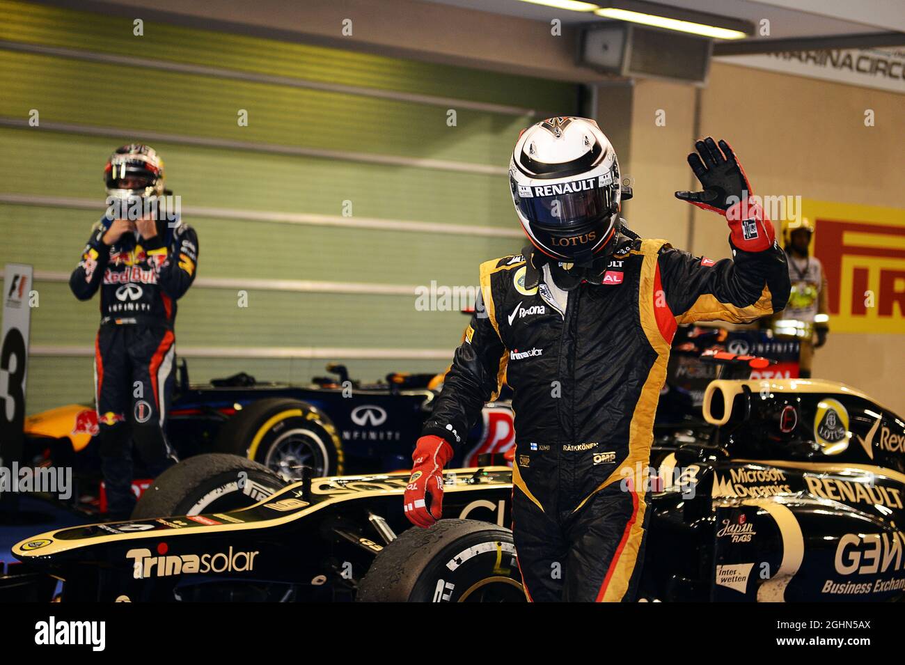Race winner Kimi Raikkonen (FIN) Lotus F1 Team celebrates in parc ferme ...