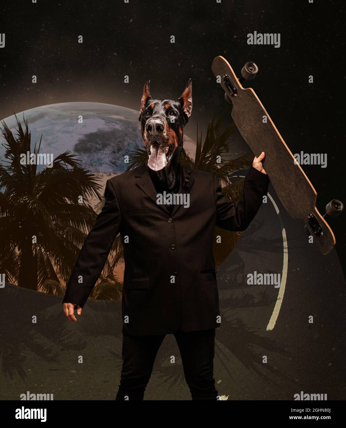 Contemporary art collage of human in black suit with doberman head ...