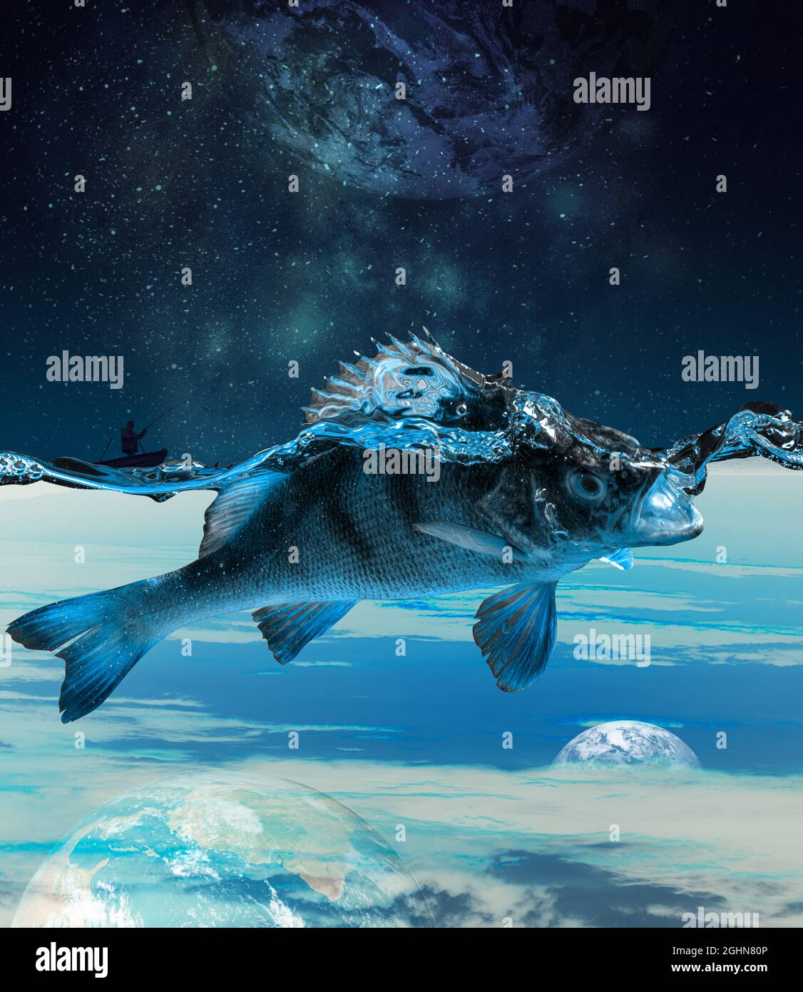 Contemporary art collage of fish swimming in earth ocean at night ...
