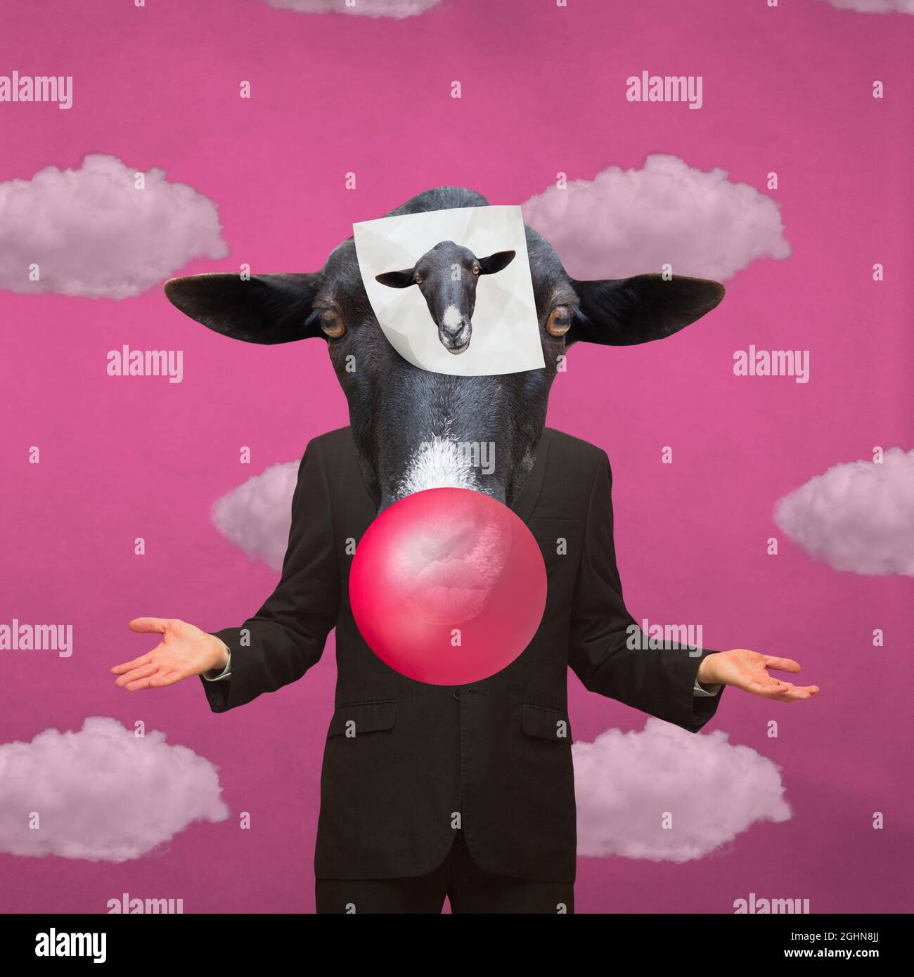 Contemporary art collage of man in black suit with goad muzzle instead ...