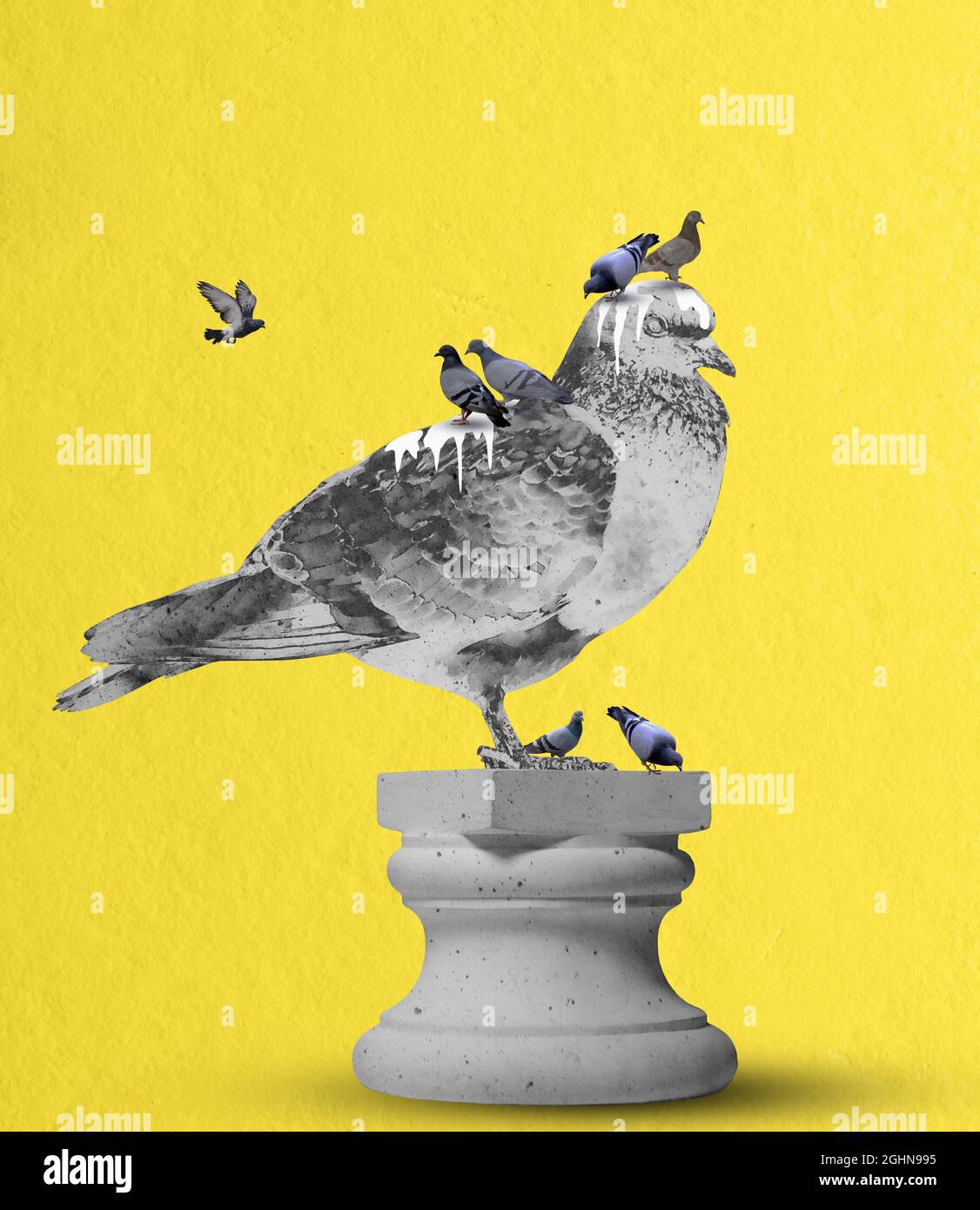 Contemporary art collage of doves sitting on dove statue isolated over ...