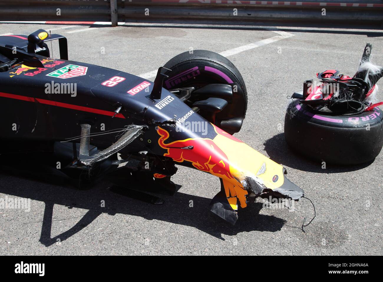 The damaged Red Bull Racing RB12 of Max Verstappen (NLD) Red Bull ...