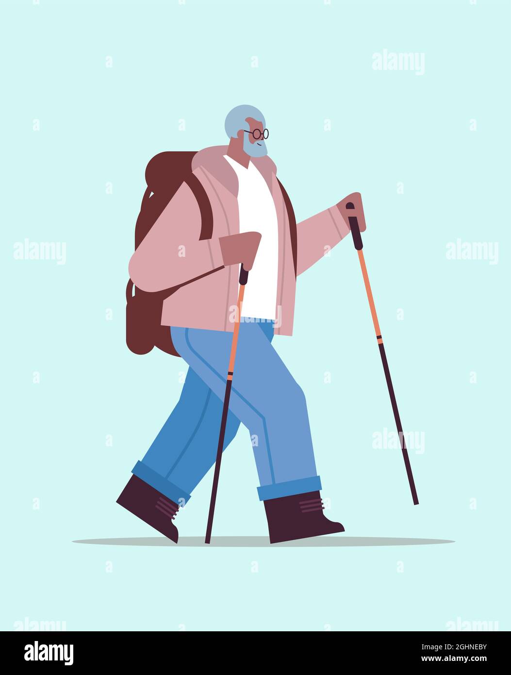 senior african american man hiker traveling with backpack and sticks ...