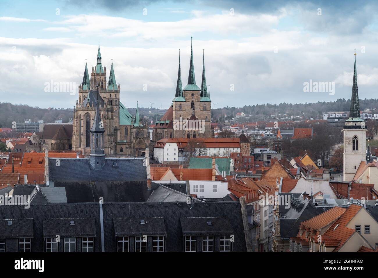 Aerial view of Erfurt City with Erfurt Cathedral and St. Severus Church ...