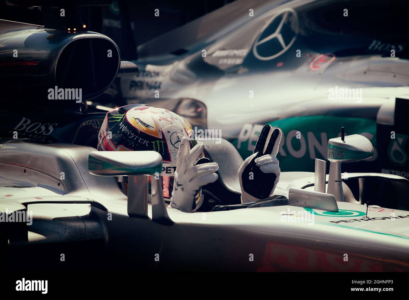 Race winner Lewis Hamilton (GBR) Mercedes AMG F1 W07 Hybrid celebrates ...