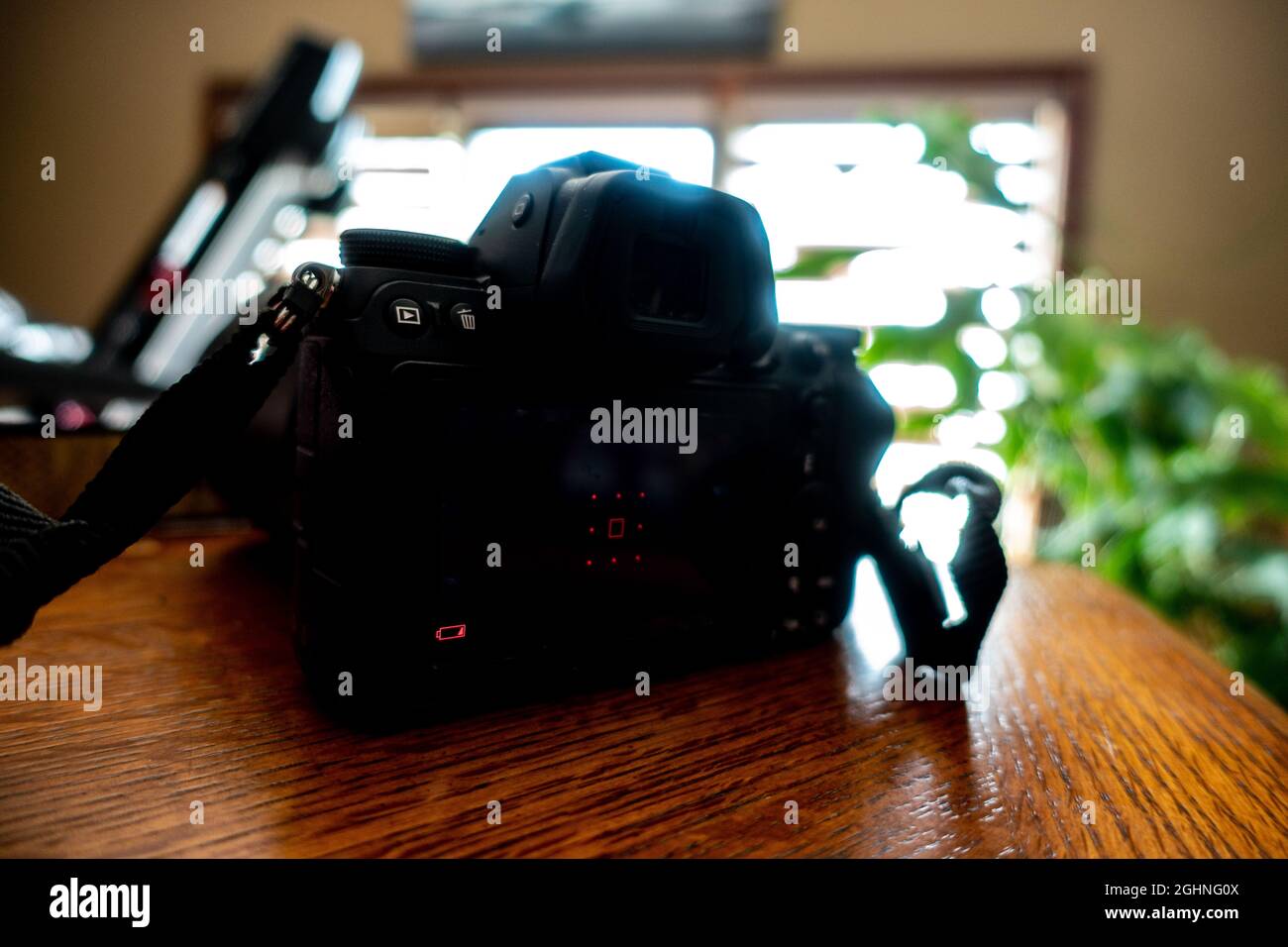 Selective focus on low battery display of a high end camera before ...