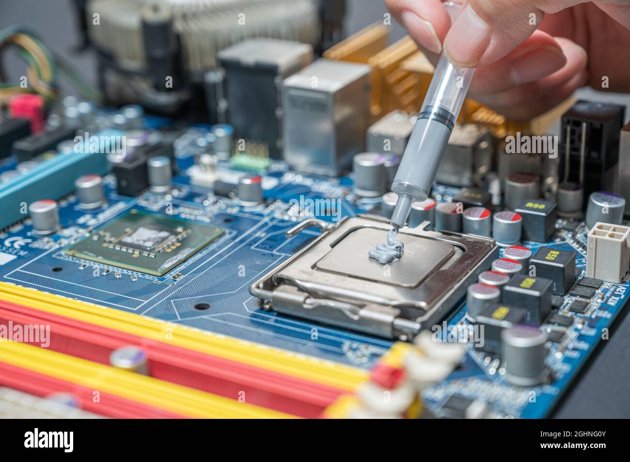 close-up Thermal compound on cpu chip in mainboard computer Stock Photo ...