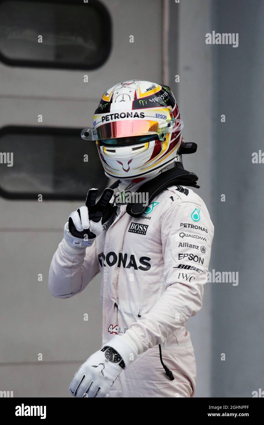 Lewis Hamilton (GBR) Mercedes AMG F1 celebrates his pole position in ...