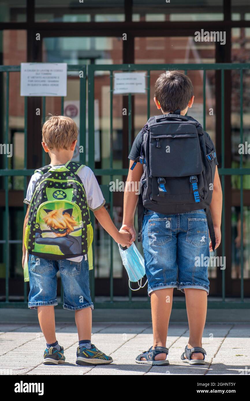 Back to school. Kids or children going to school with protective mask ...