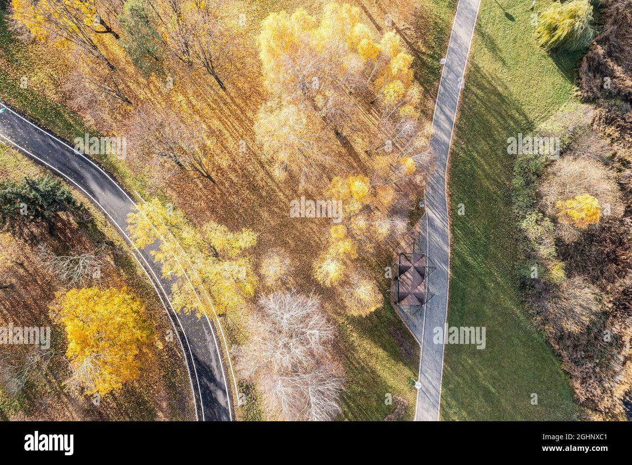 aerial top view of autumn park landscape with bike lane and footpath ...