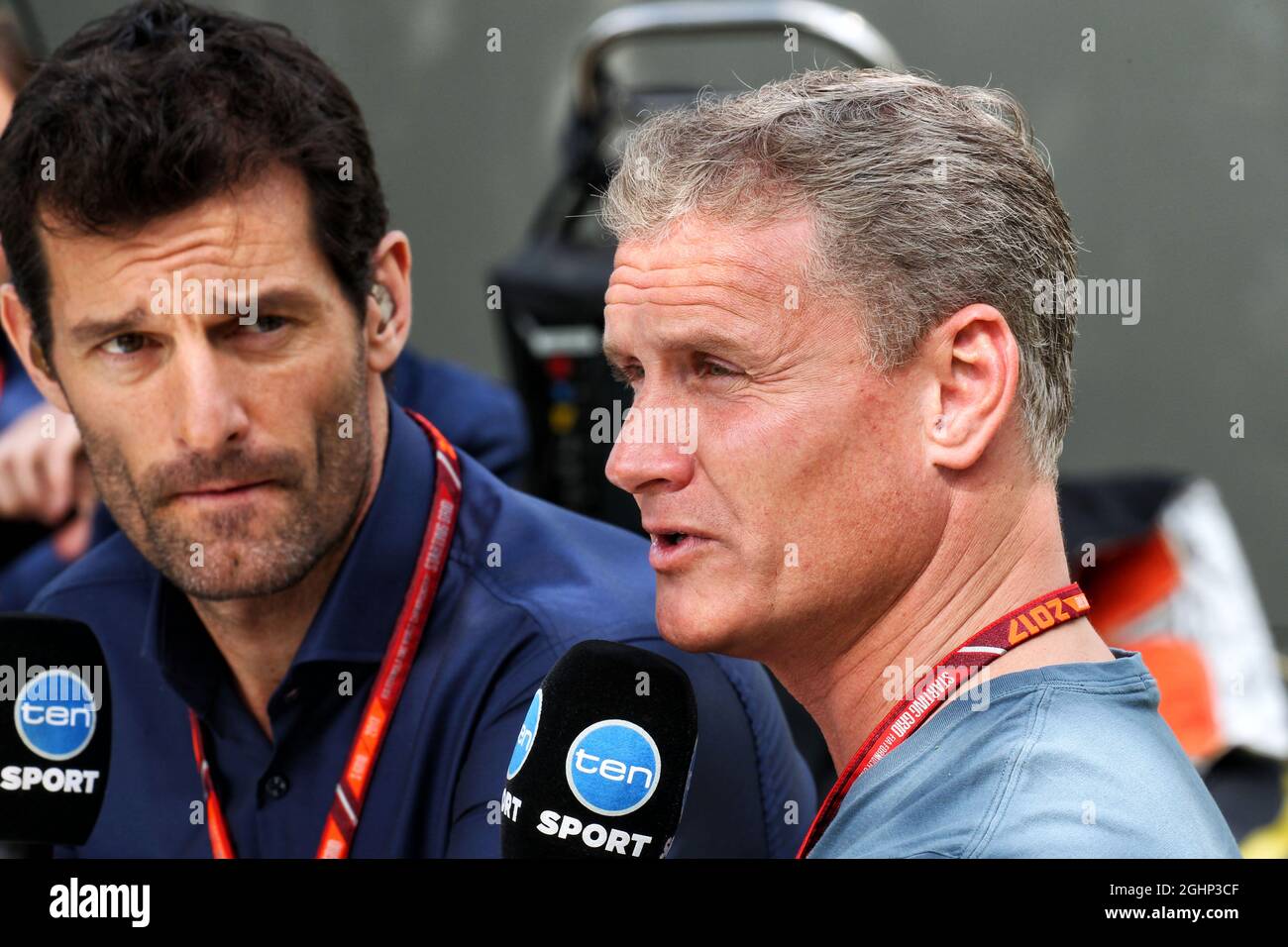 (L to R): Mark Webber (AUS) Channel Ten Presenter with David Coulthard ...