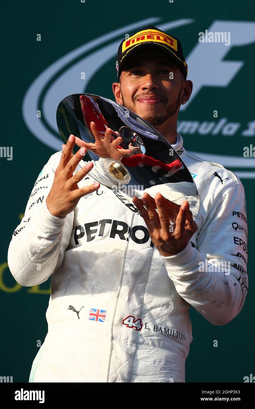 Lewis Hamilton (GBR) Mercedes AMG F1 celebrates his second position on ...