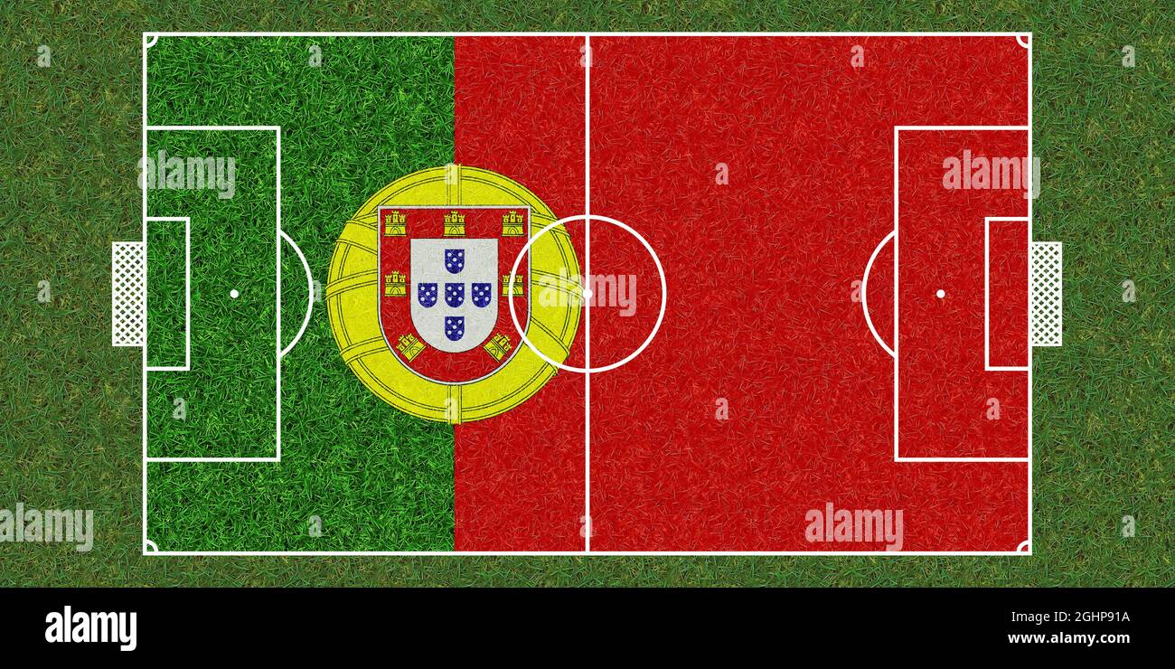 Top view of Green grass soccer field with flag of Portugal. football ...