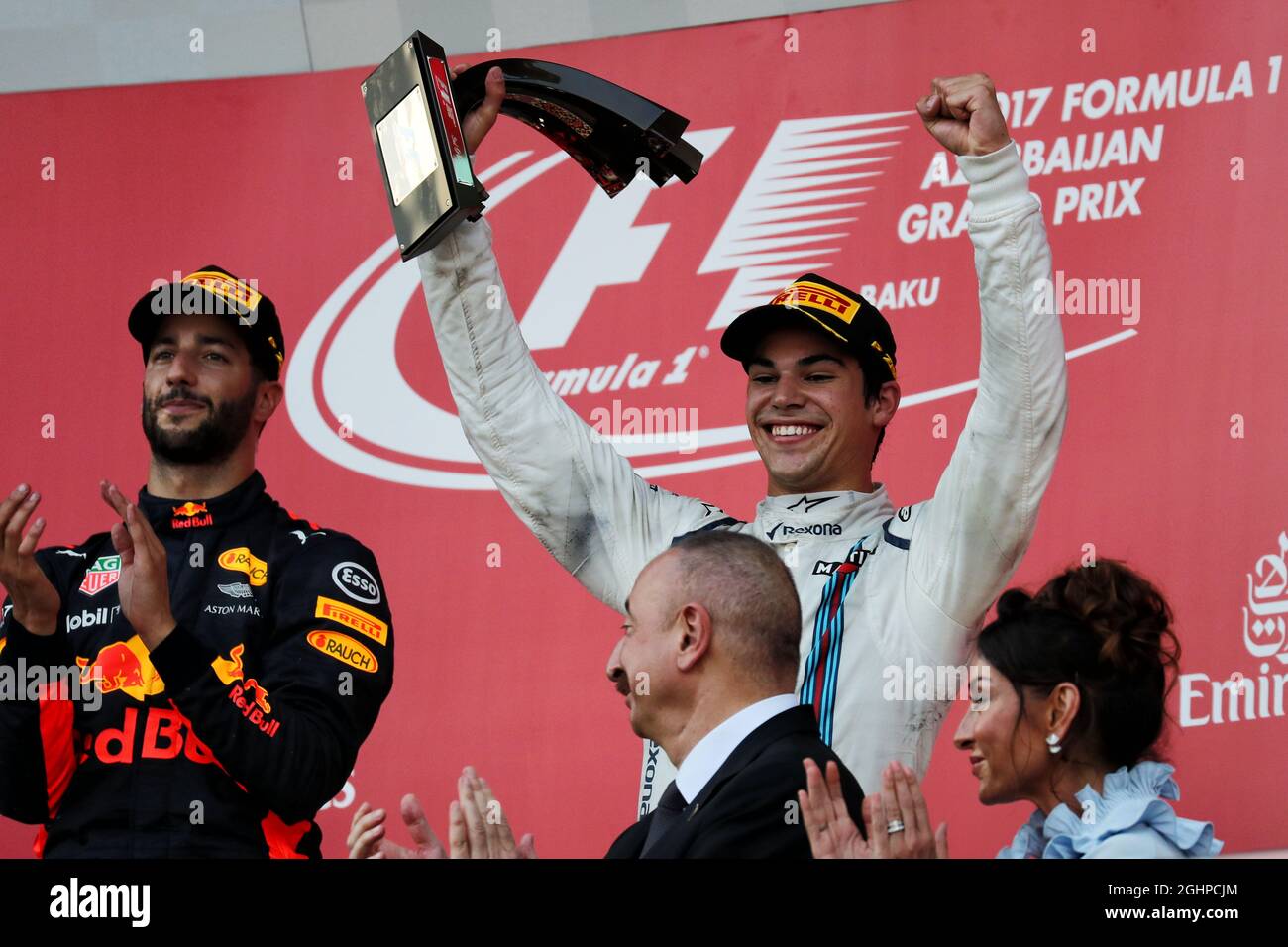 Lance Stroll (CDN) Williams celebrates his third position on the podium ...