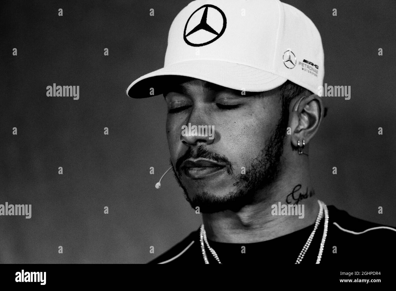 Lewis Hamilton (GBR) Mercedes AMG F1 in the FIA Press Conference. 13.07 ...