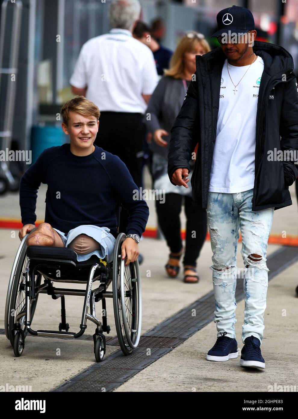 Lewis Hamilton (GBR) Mercedes AMG F1 with Billy Monger (GBR) Racing ...