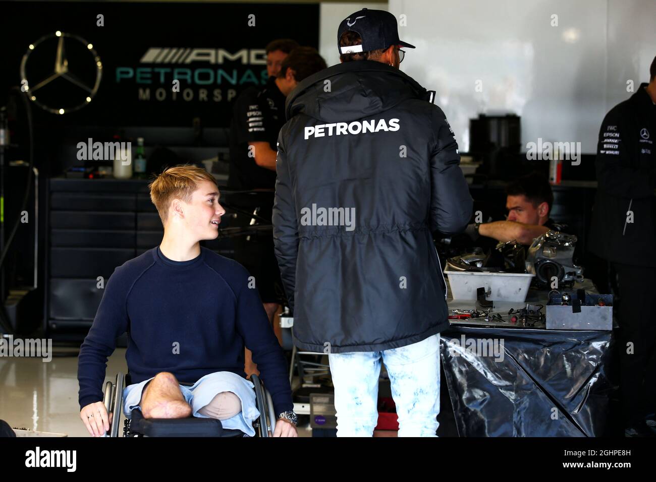 Lewis Hamilton (GBR) Mercedes AMG F1 with Billy Monger (GBR) Racing ...
