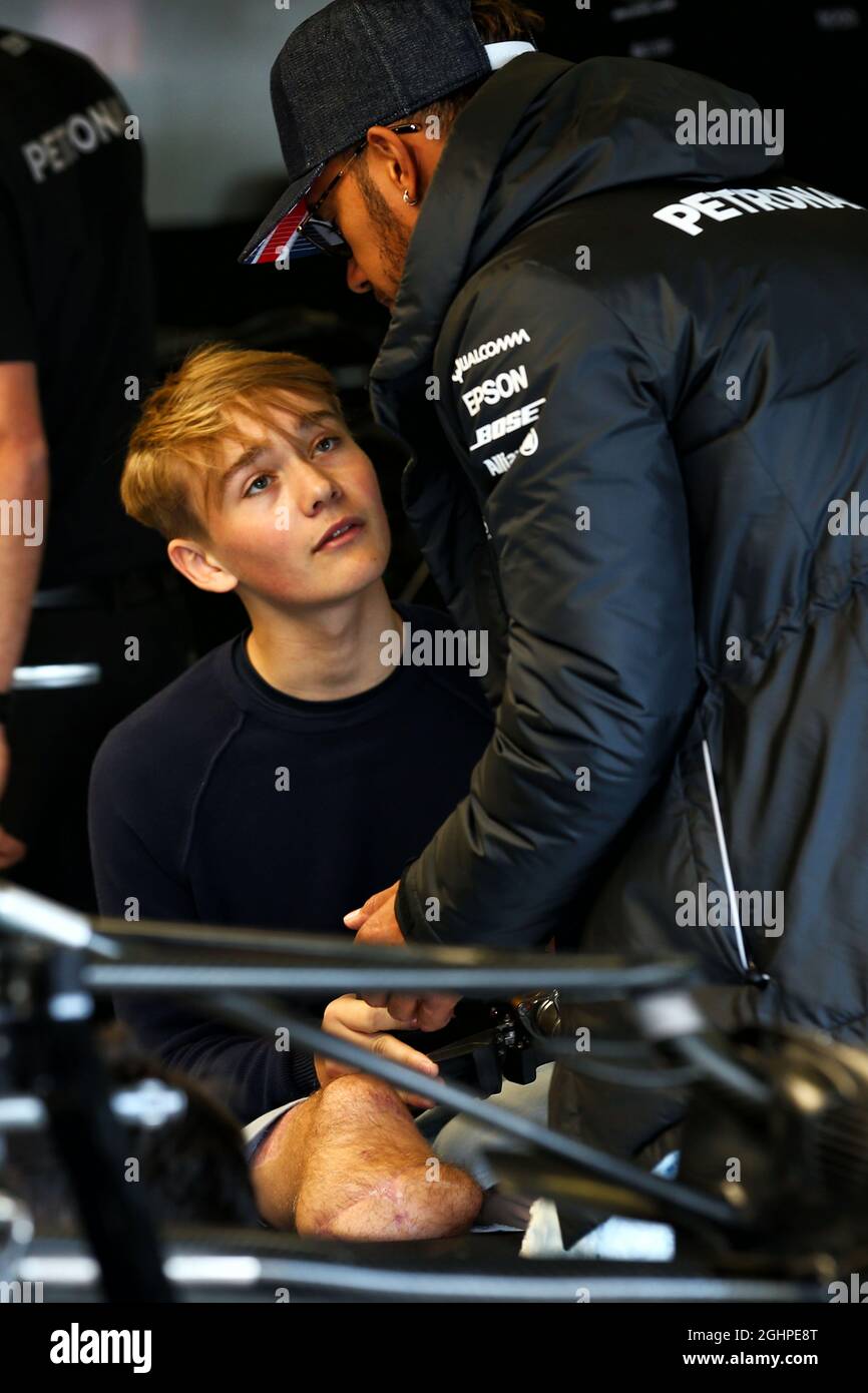 Lewis Hamilton (GBR) Mercedes AMG F1 with Billy Monger (GBR) Racing ...