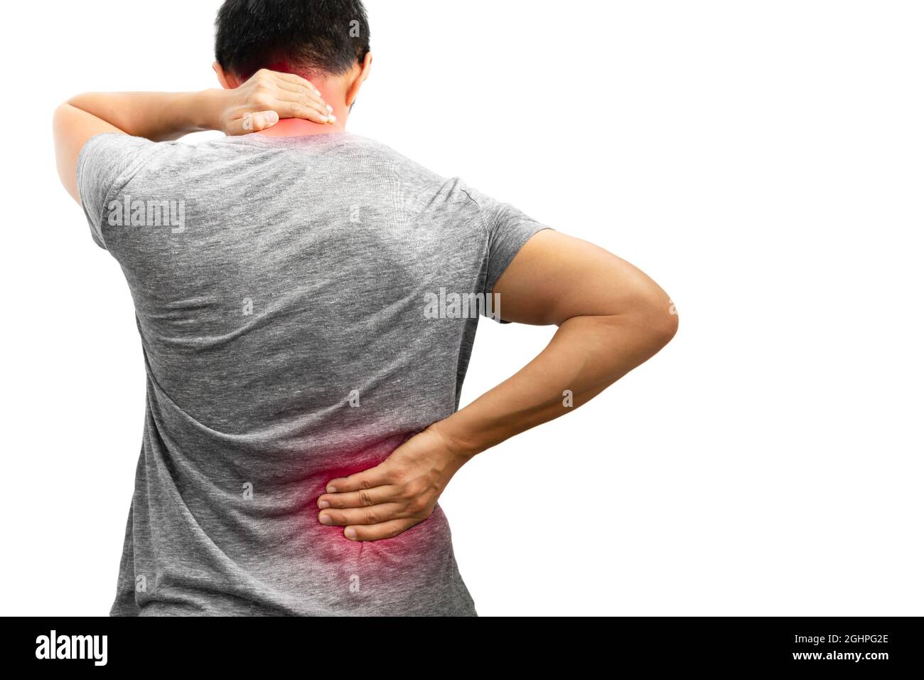 Man with back and neck pain isolated on white background in clipping ...